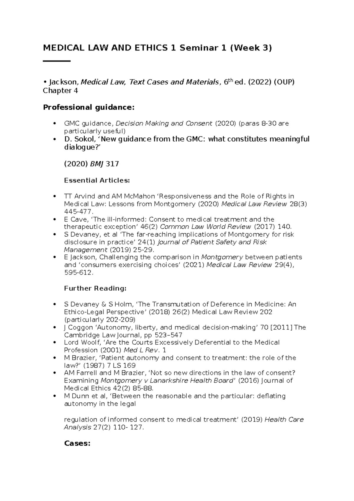 MEDICAL LAW AND ETHICS 1 Seminar 1: Consent and GMC Guidance Analysis ...