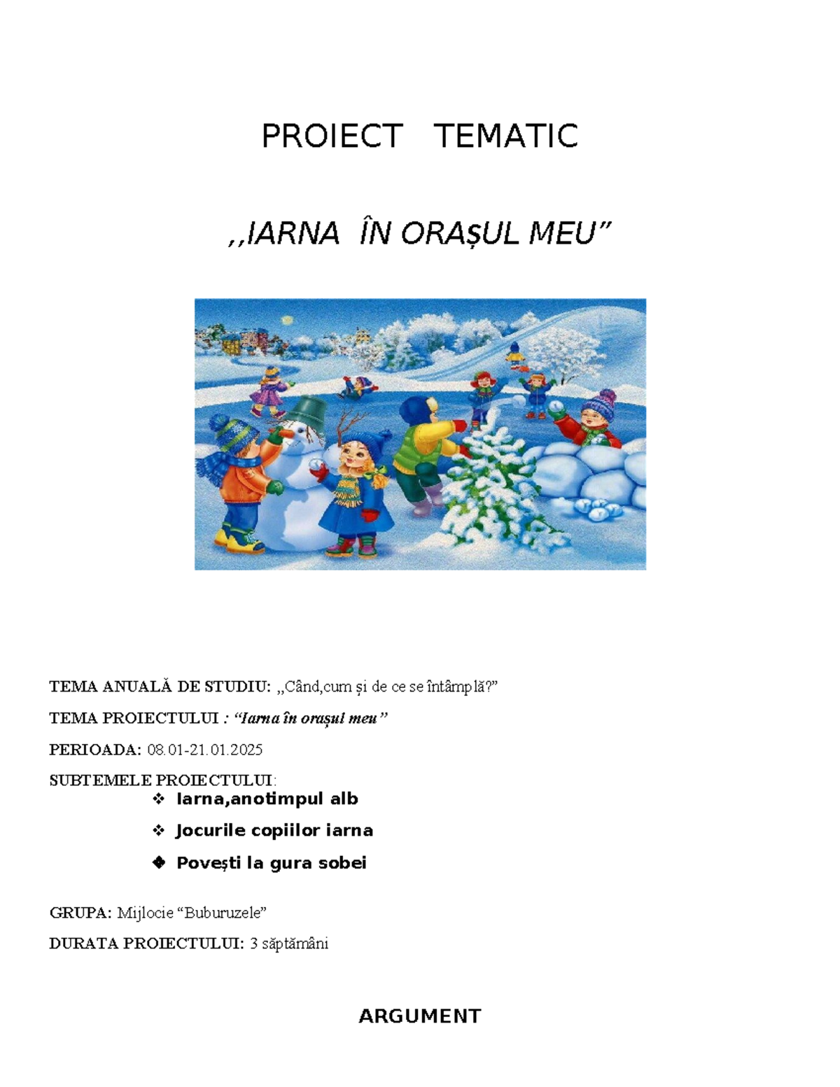 Proiect Tematic Iarnă 2025: Activități în Orașul Meu - Studocu