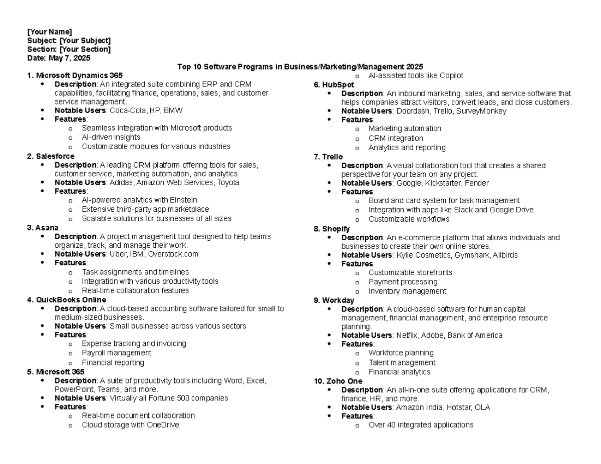 Top 10 Software Programs in Business Marketing Management 2025 - Studocu