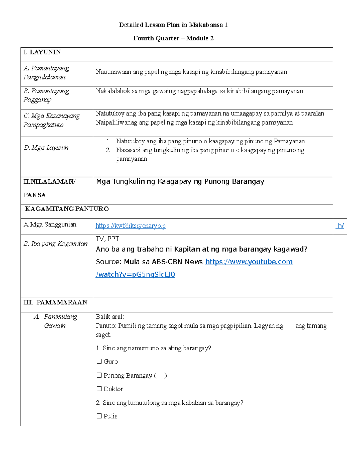 Makabansa 1 Day 2 Villa - Grade 2 Detailed Lesson Plan - Studocu
