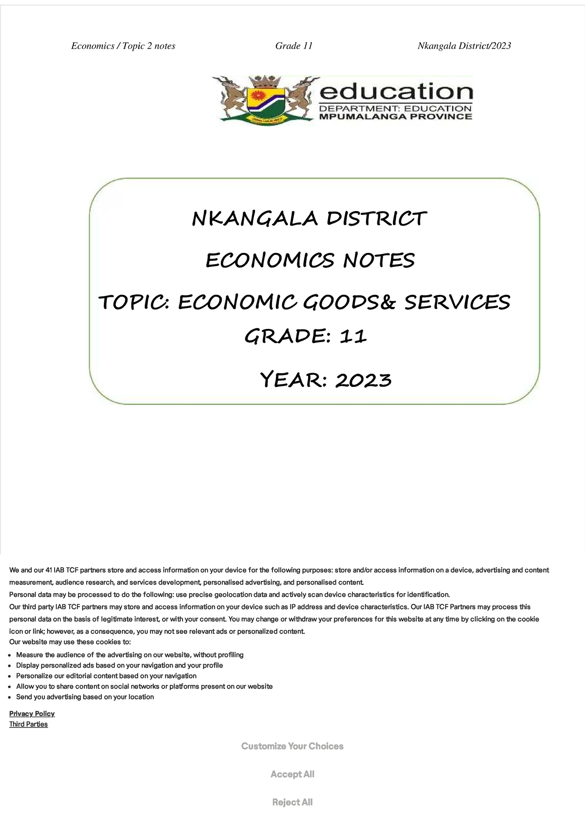 Economics Grade 11 Topic 2 Notes: Economic Services Overview - Studocu