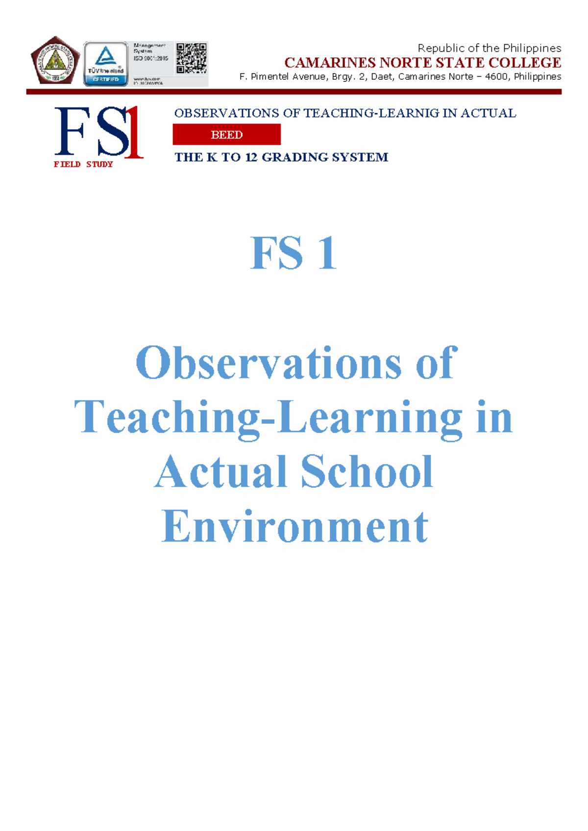 FS1 Field Study 1: Observations on Gender, Needs, and Diversity in K to 12 - Studocu