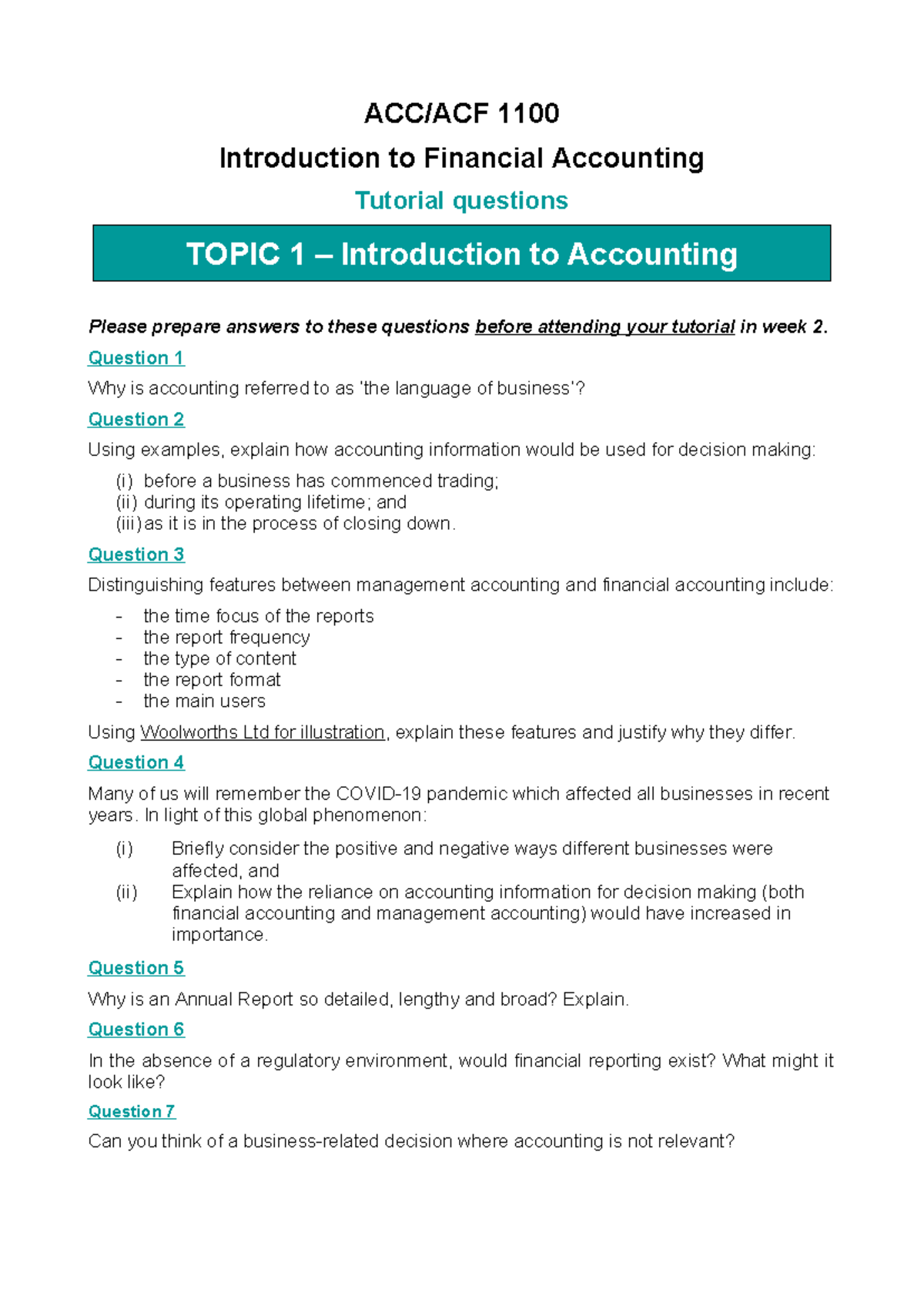 Topic 1 Tutorial Questions (week 2) - ACC/ACF 1100 Introduction to ...