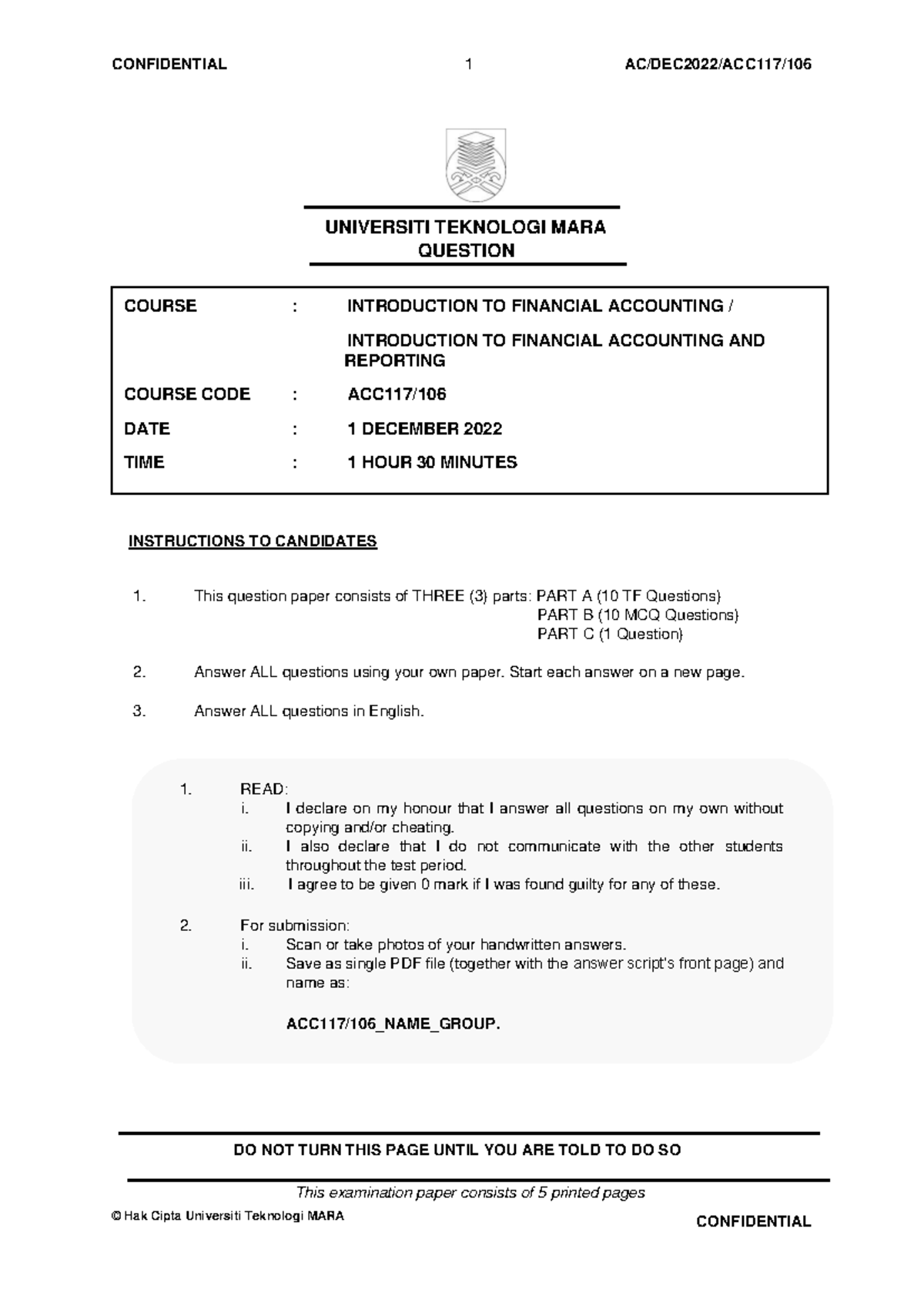TEST ACC117 SEM-1: Introduction to Financial Accounting Exam Paper ...