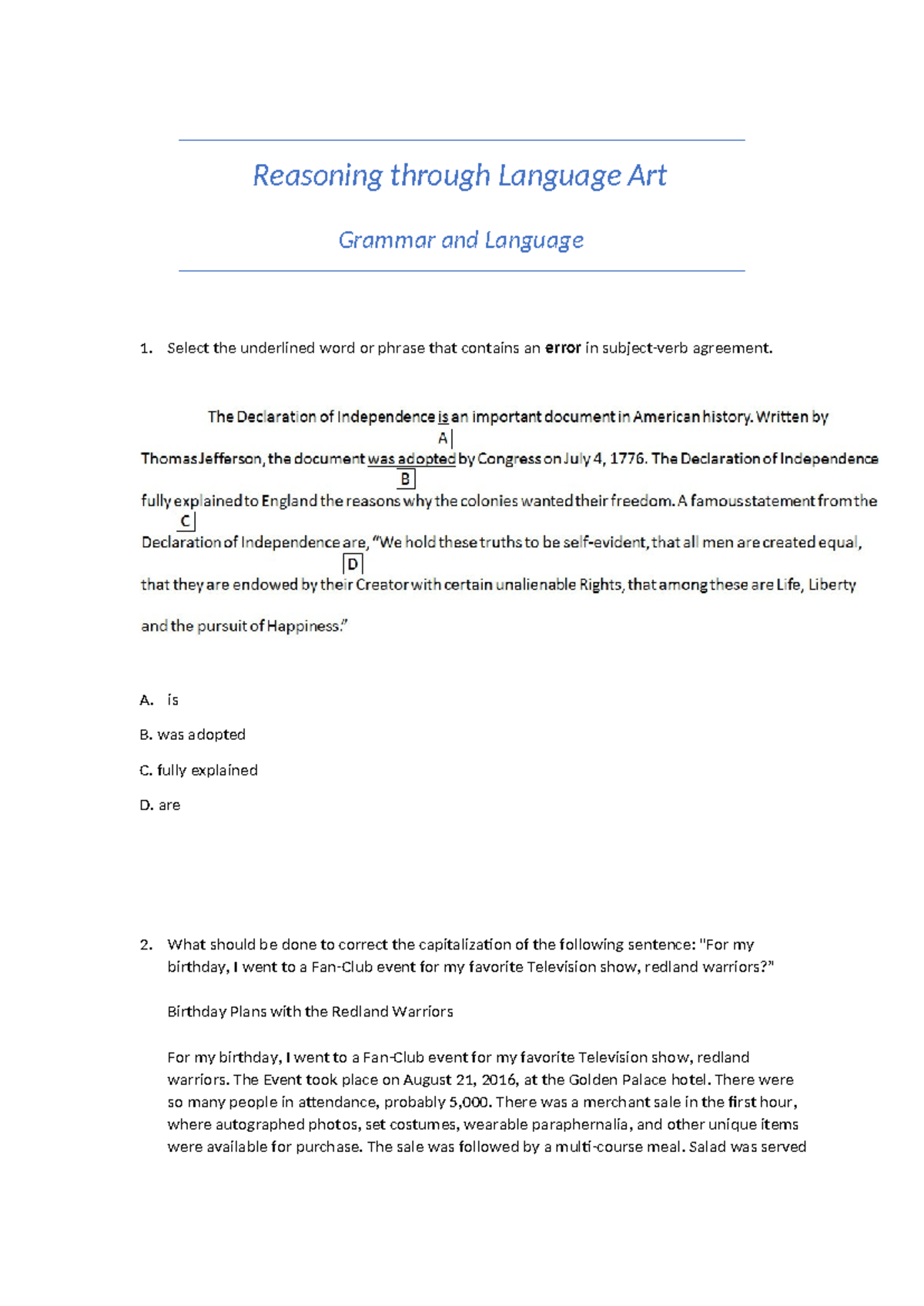 Reasoning through Language Art Grammar and Language Practice Questions ...