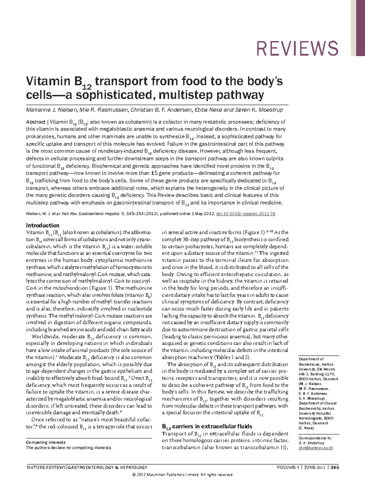 Vitamin B12 Transport Pathway: From Food to Cells (REVIEWS) - Studocu