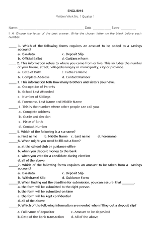 Lesson plan - Subject: ENGLISH 5 Grade Level: Grade 5 Objective: 1 ...