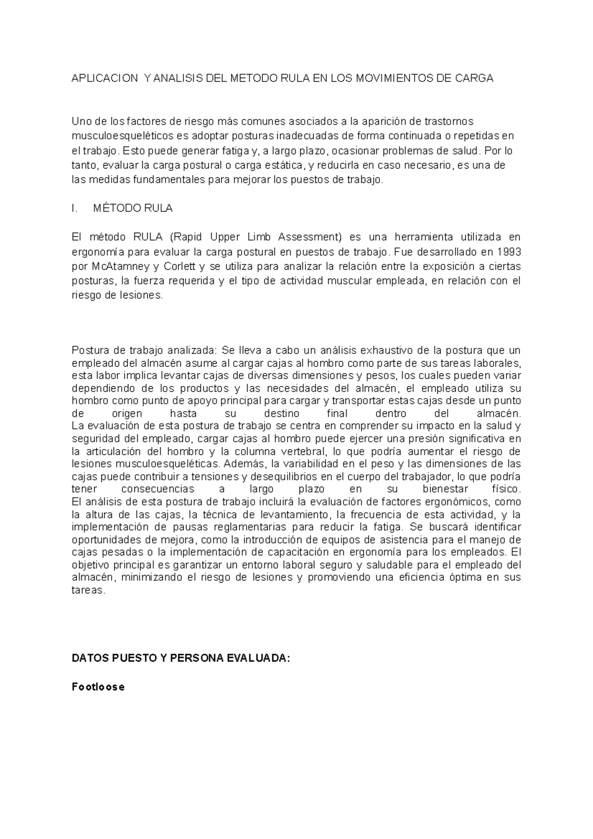 Metodo rula - APLICACION Y ANALISIS DEL METODO RULA EN LOS MOVIMIENTOS ...