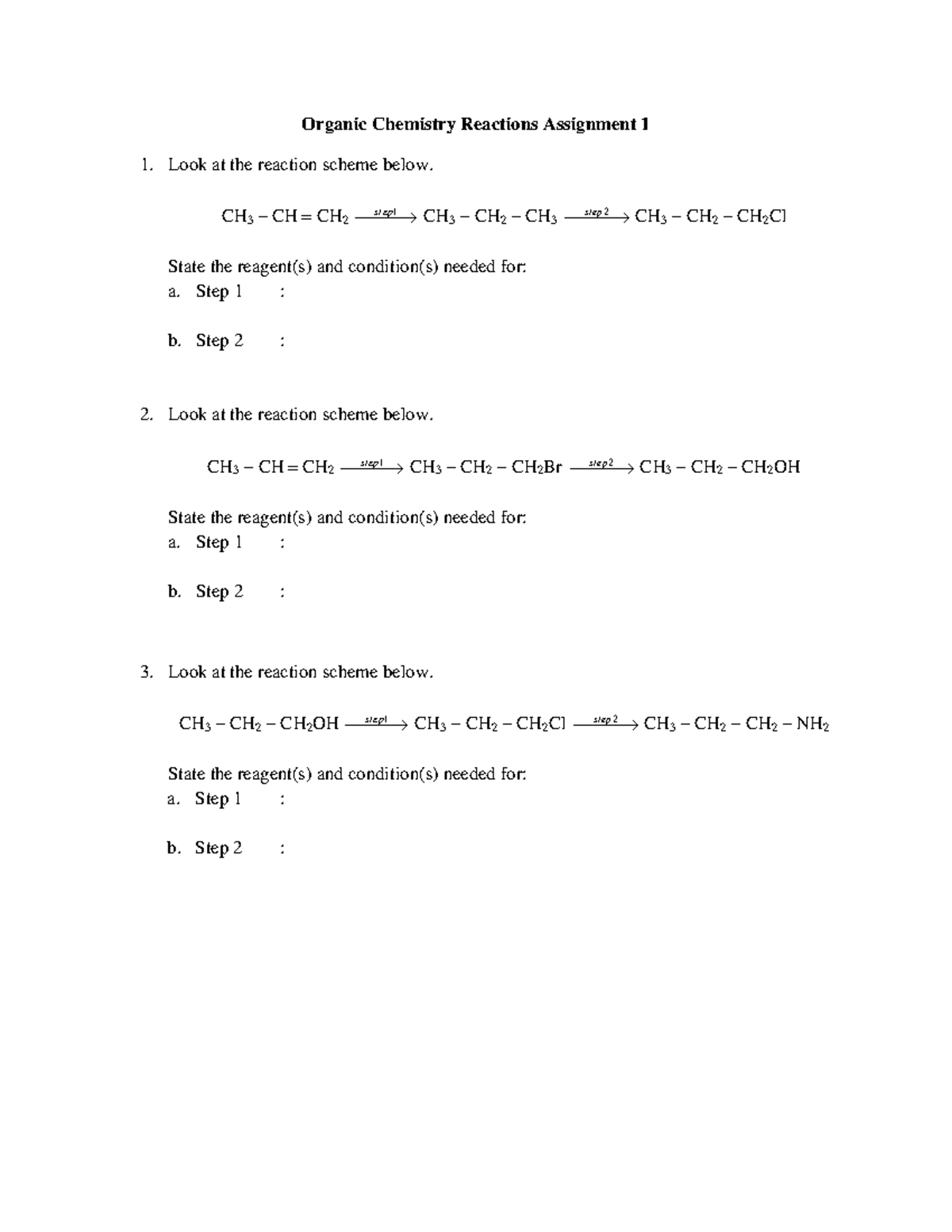As Level Organic Chemistry Reactions Assignment 1: Reagents ...