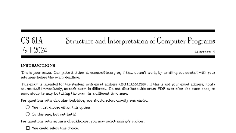 CS 61A Fall 2024 Midterm 2 Exam Instructions and Questions - Studocu
