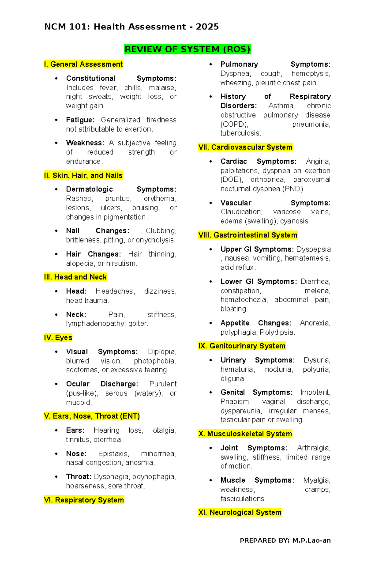 NCM 101: Comprehensive Review of Systems for Health Assessment - Studocu