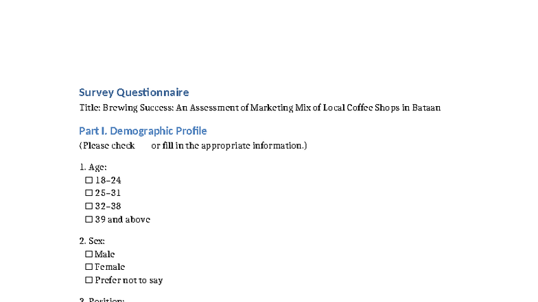 Marketing Mix Questionnaire - Survey Questionnaire Title: Brewing ...