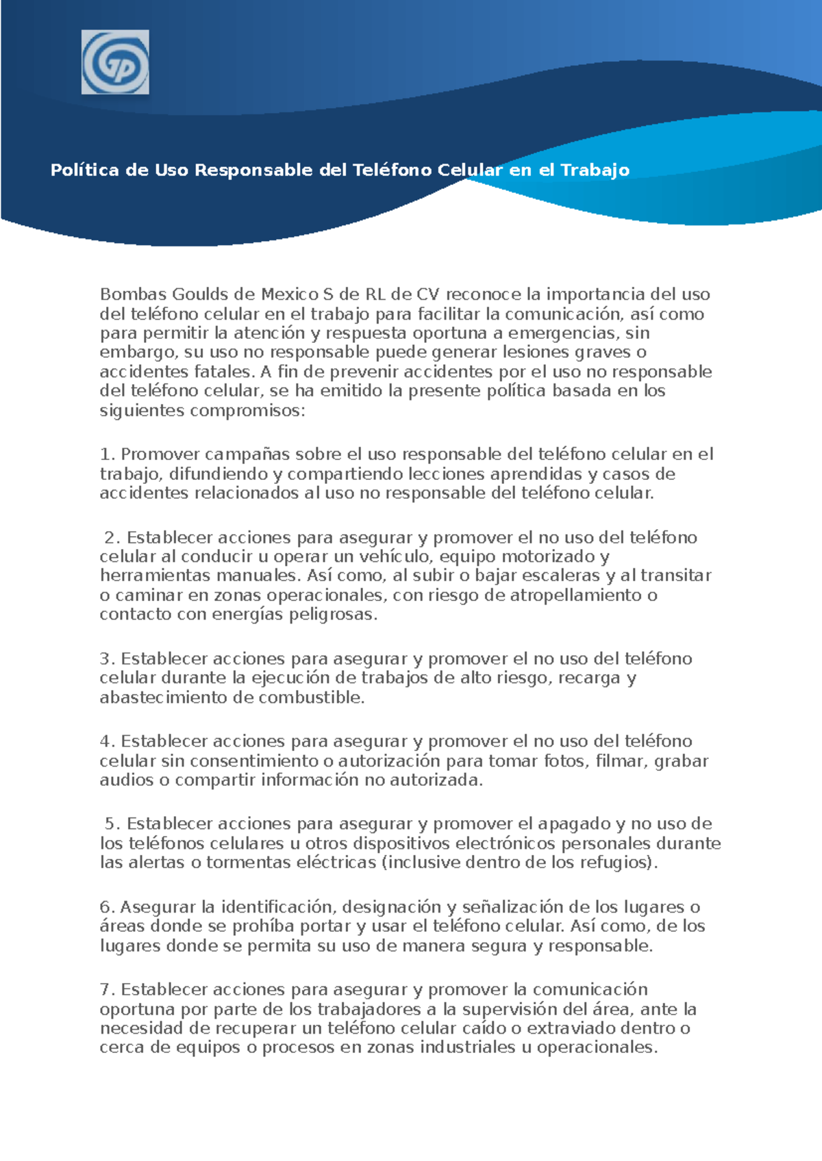 Política de Uso Responsable del Teléfono Celular en el Trabajo 1 - Studocu