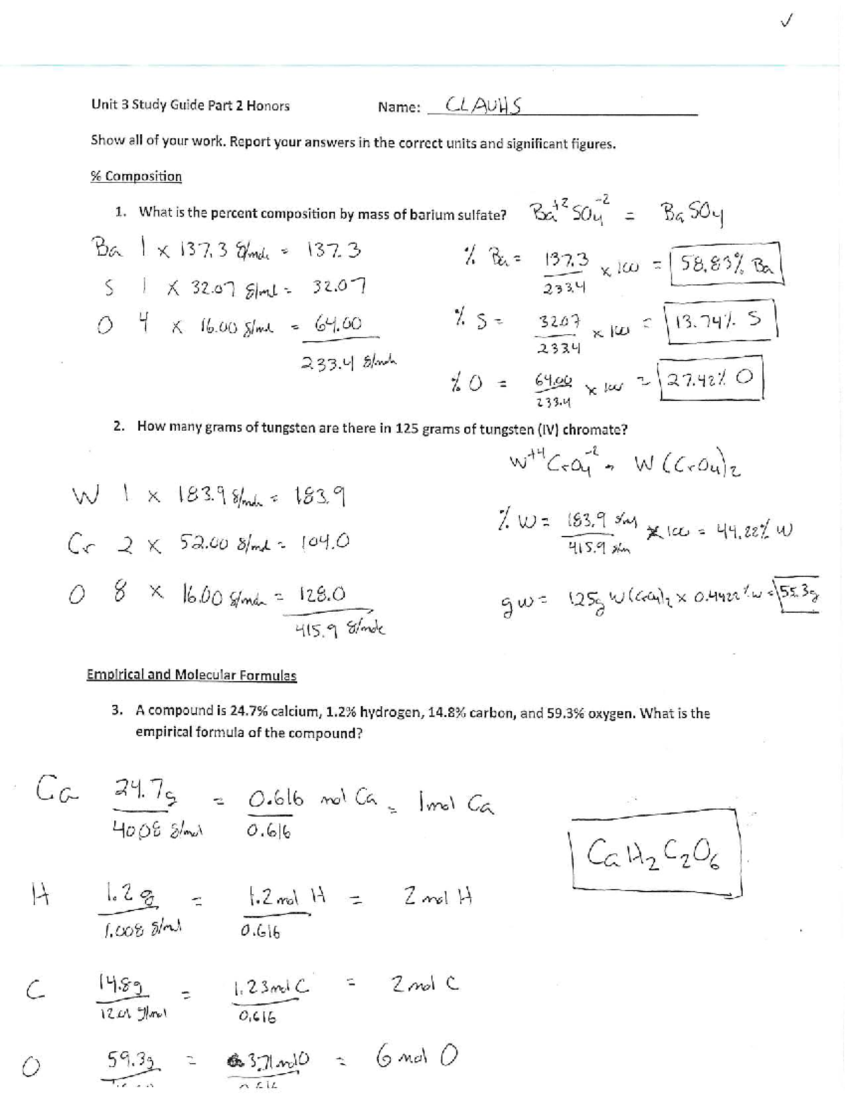 Unit 3 Study Guide H Key - Honors Chemistry Insights - Studocu