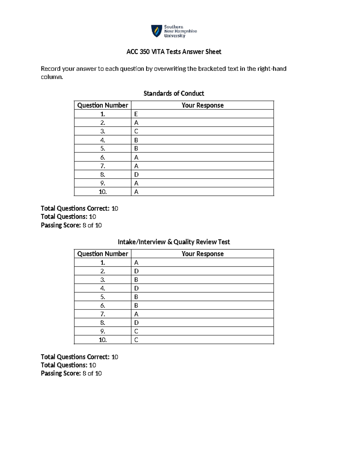 VITA Answer Sheet - ACC 350 - ACC 350 VITA Tests Answer Sheet Record ...