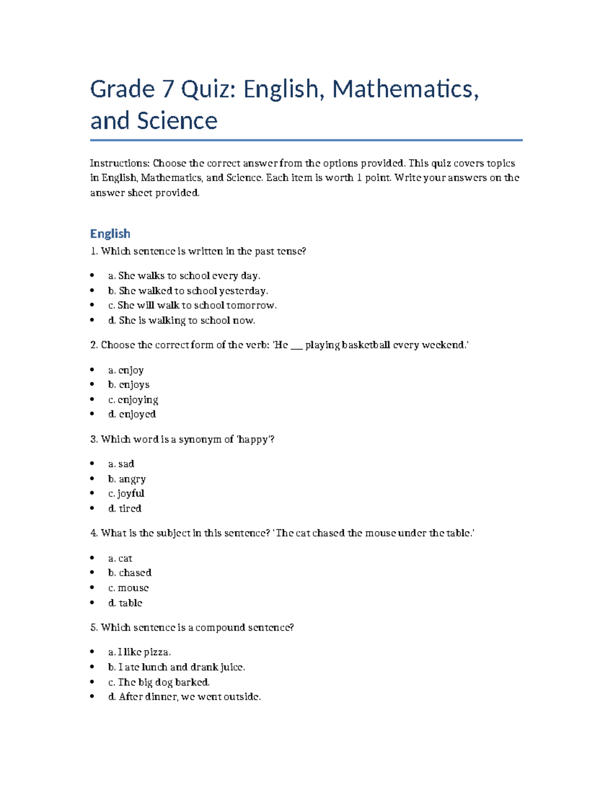 Grade 7 Quiz: English, Math & Science Topics Review - Studocu