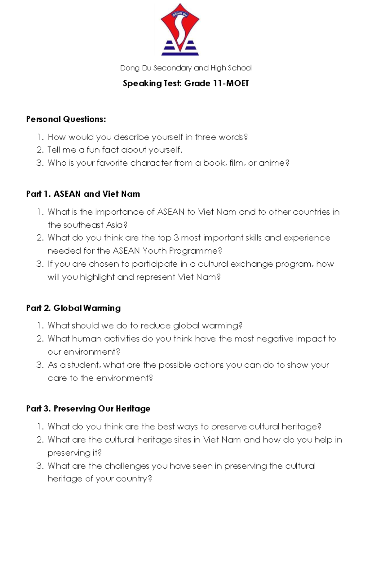 Speaking Test Grade 11 MOET: Personal Questions & Topics - Studocu