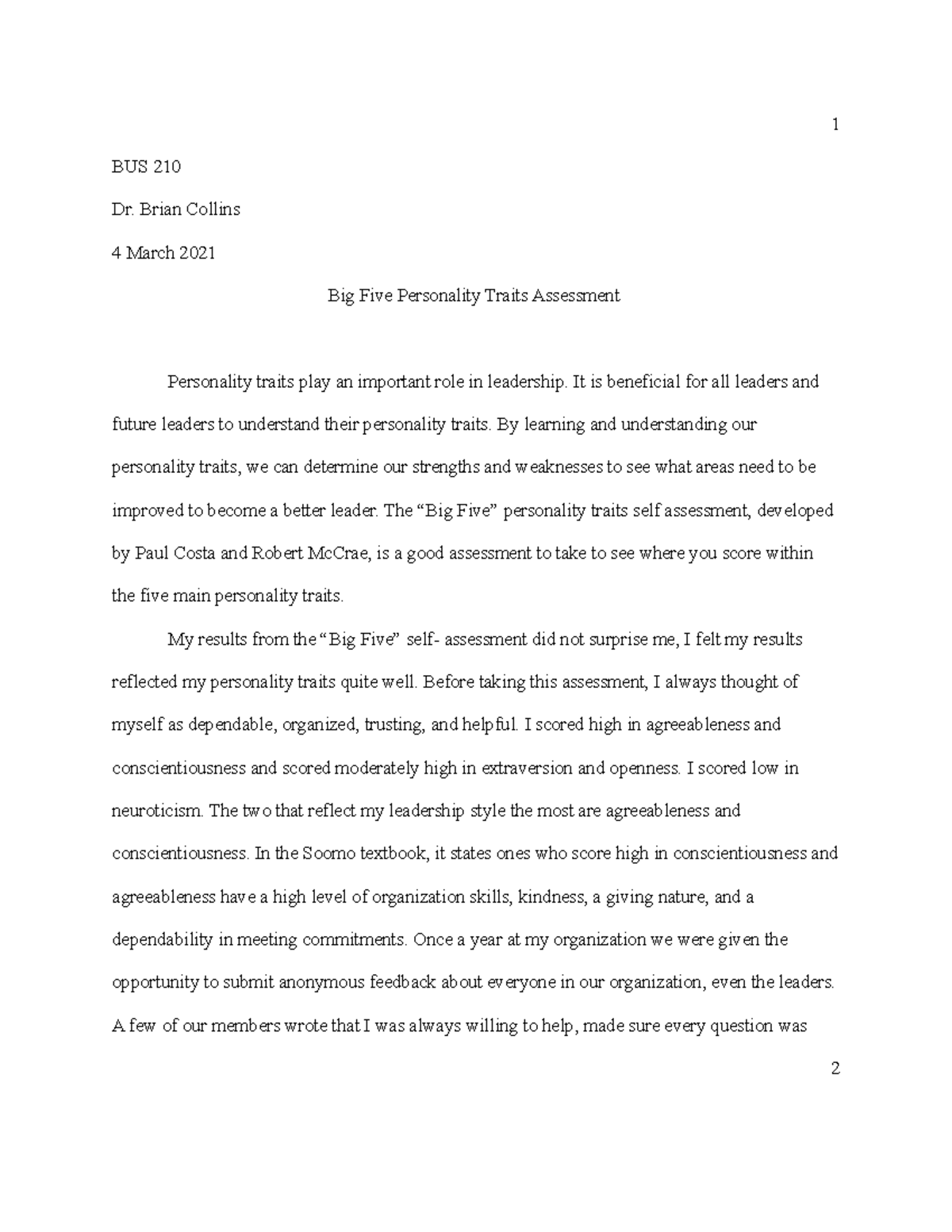 BUS 210 Module 1 Journal: Insights on Big Five Personality Traits in ...