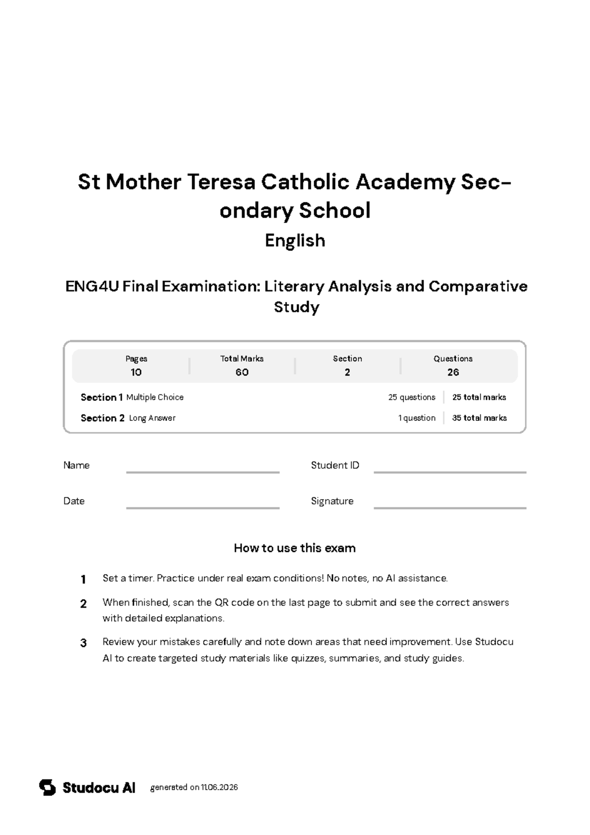 ENG4U Final Exam: Literary Analysis & Comparative Study - Studocu