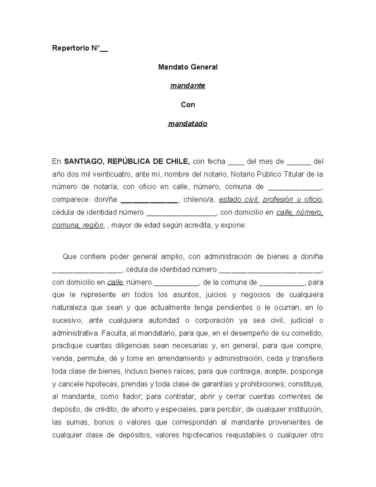 Modelo de Mandato General - Poder Amplio en Chile - Studocu