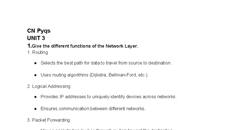 CN PYQs Unit 3 - Network Layer Functions & Switching Techniques - Studocu