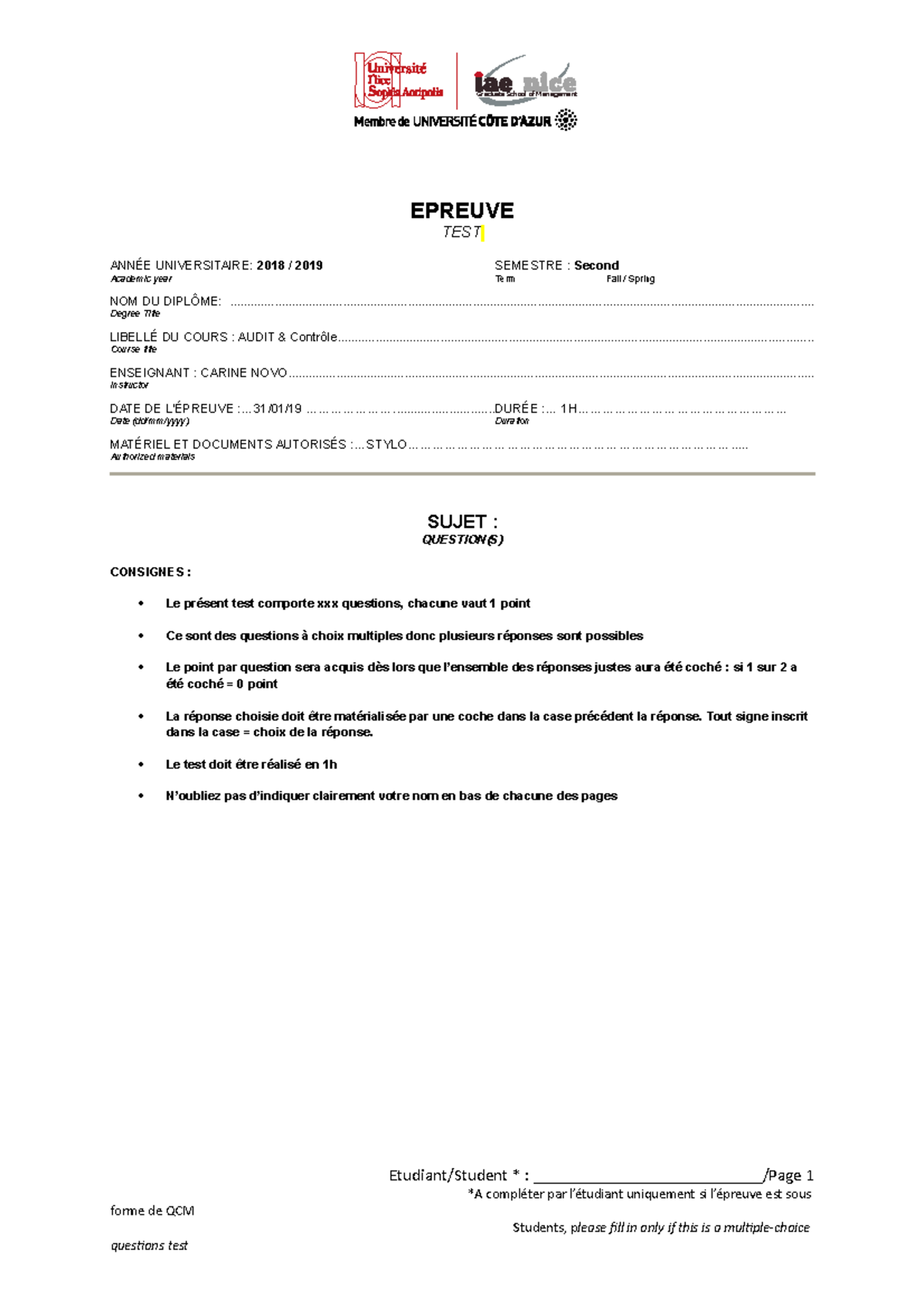 QCM Audit et Contrôle - Examen Semestre 2 2018/2019 - Studocu