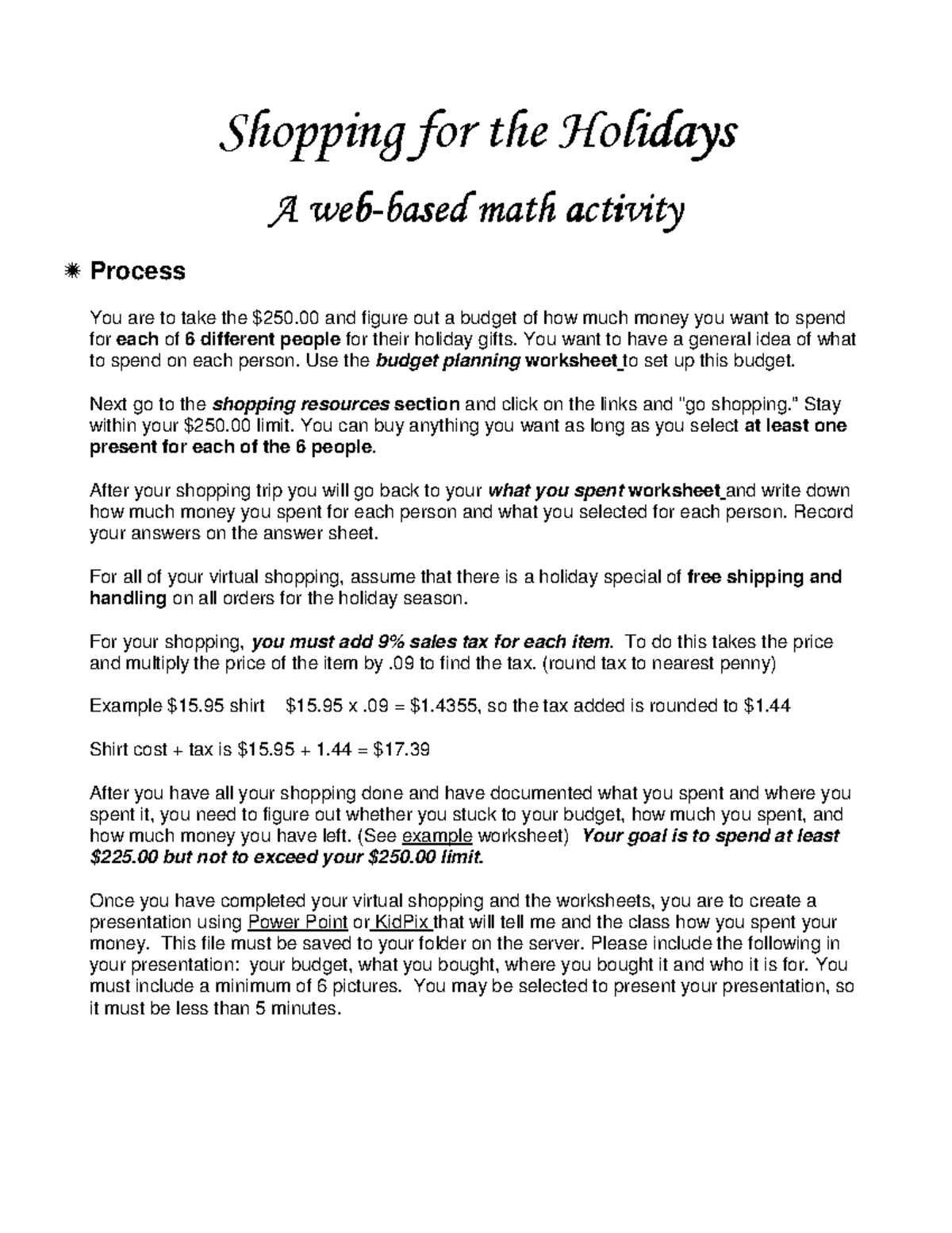 Christmas Budget Activity - Shopping for the HolidaysShopping for the ...