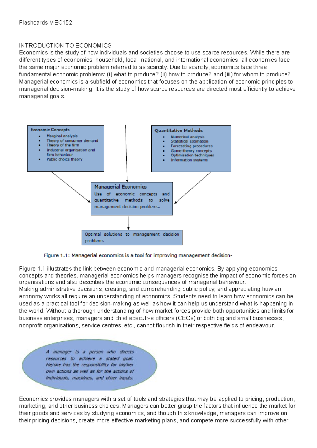 ECON 101: Tutorial 1 Notes on Managerial Economics Concepts - Studocu