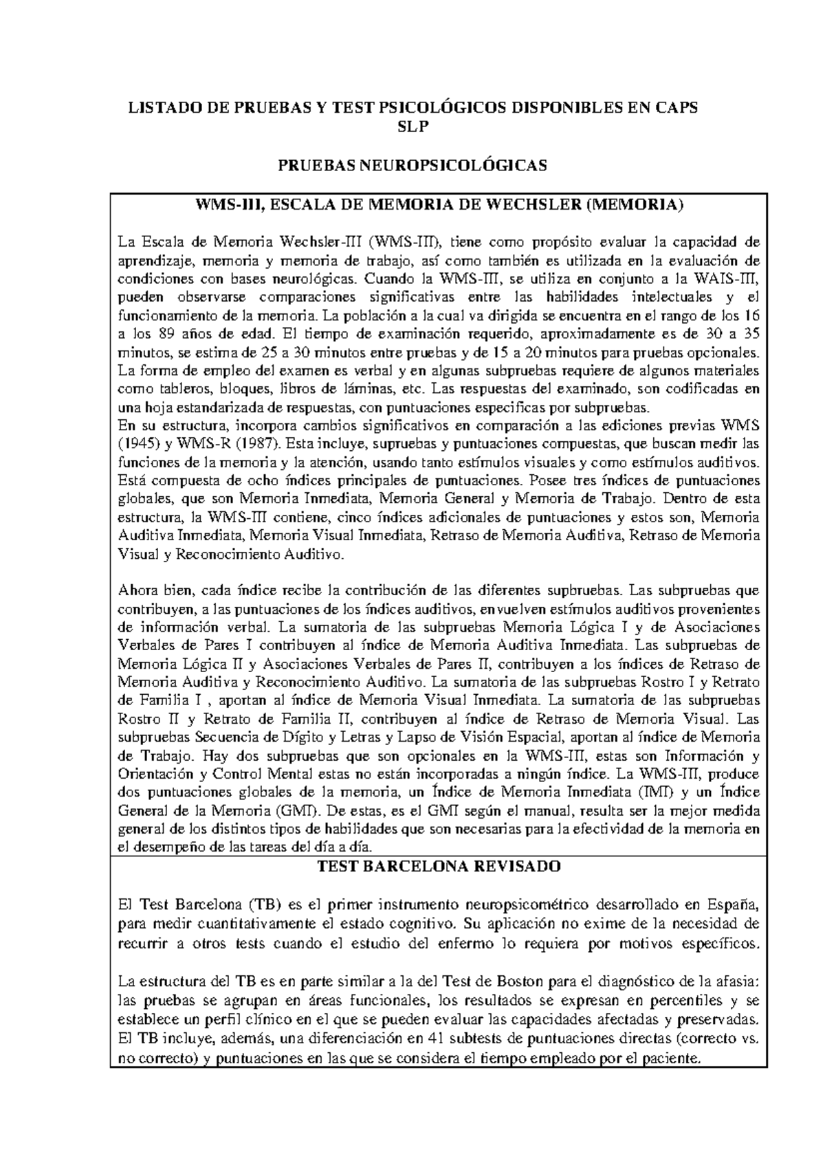 Listado de Pruebas Neuropsicológicas y su Aplicación en CAPS - Studocu