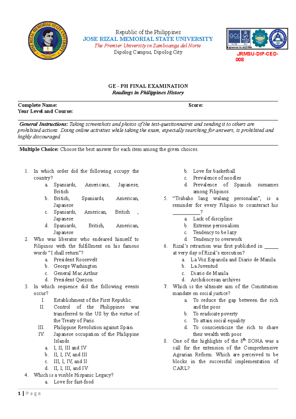 Final Exam - GE - Philippine History Readings & Key Concepts - Studocu