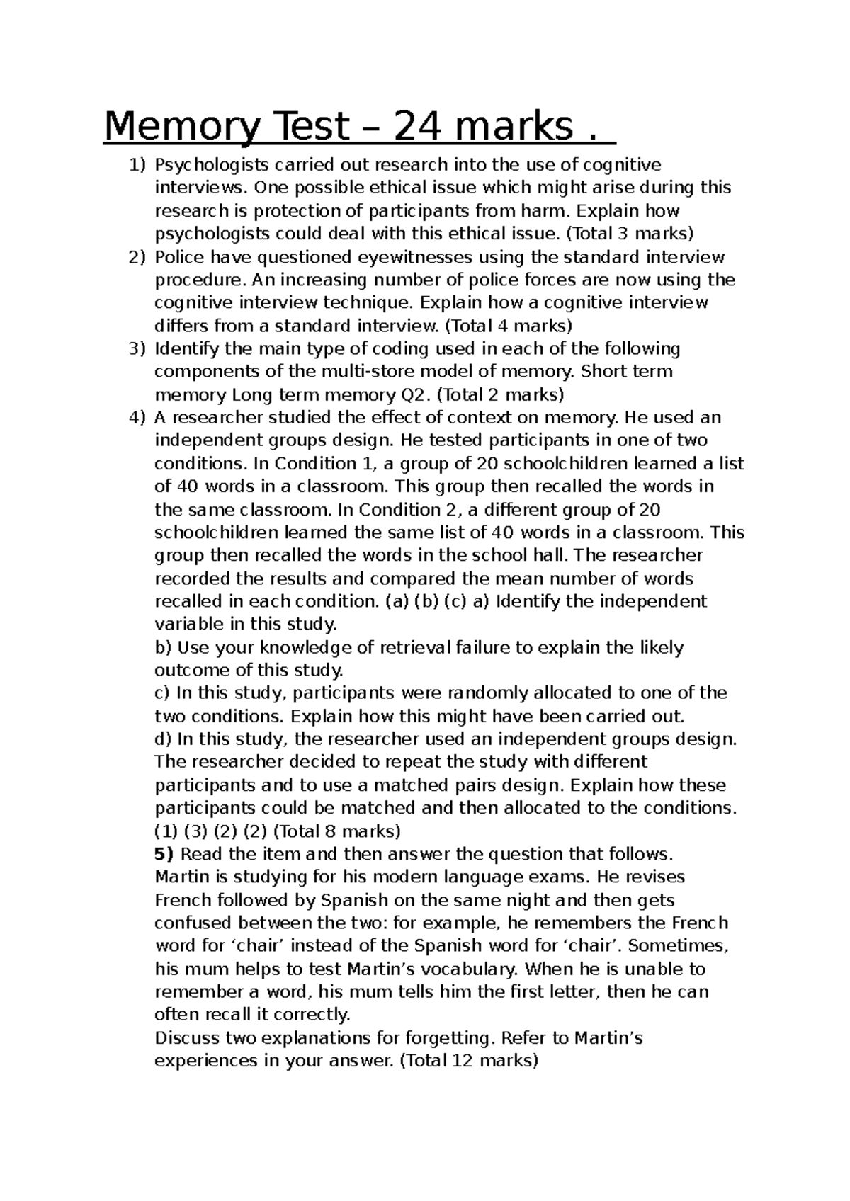 Psychology homework - This was my work. - Memory Test – 24 marks ...