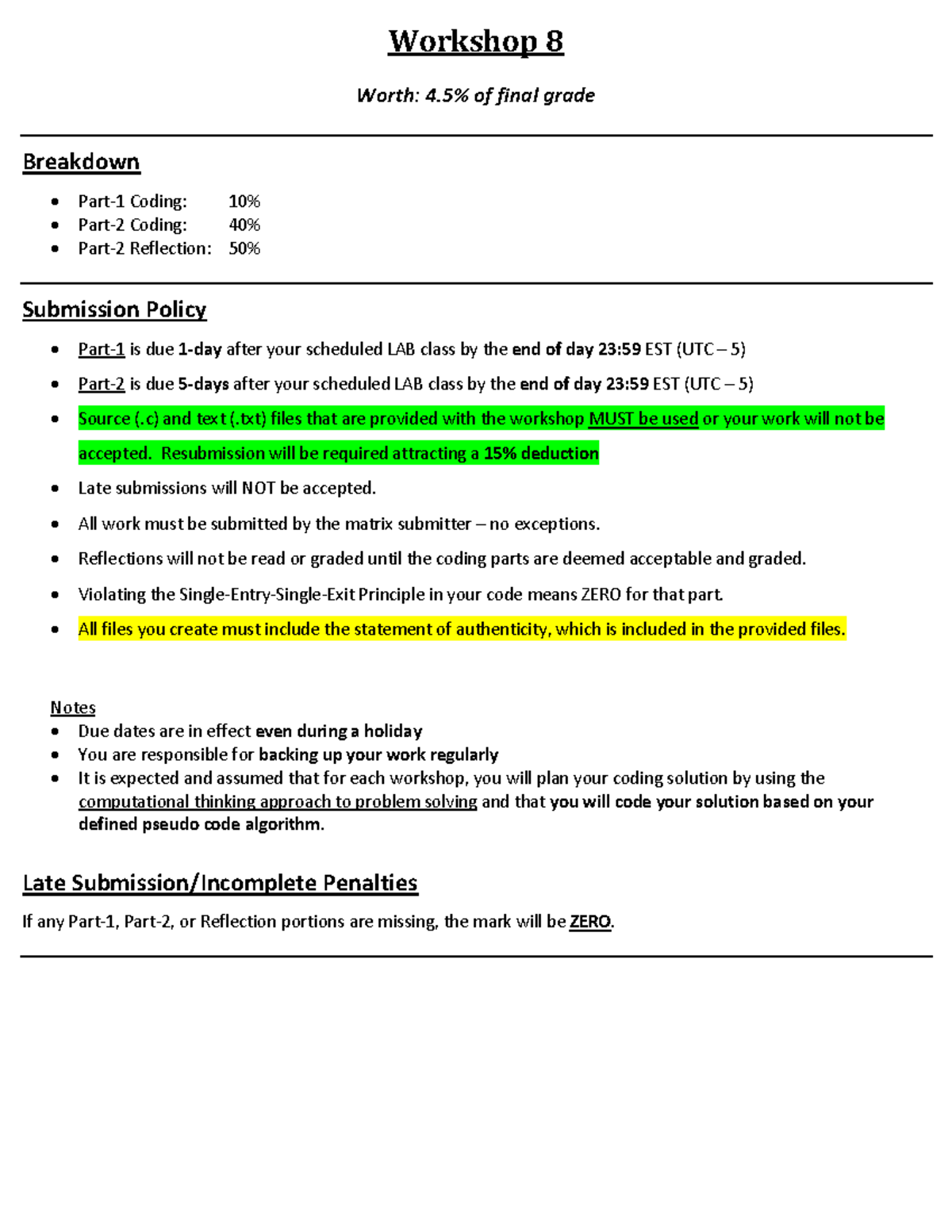 Workshop 08 - IPC144 W8 - Workshop 8 Worth: 4% of final grade Breakdown Part- 1 Coding: 10% Part ...