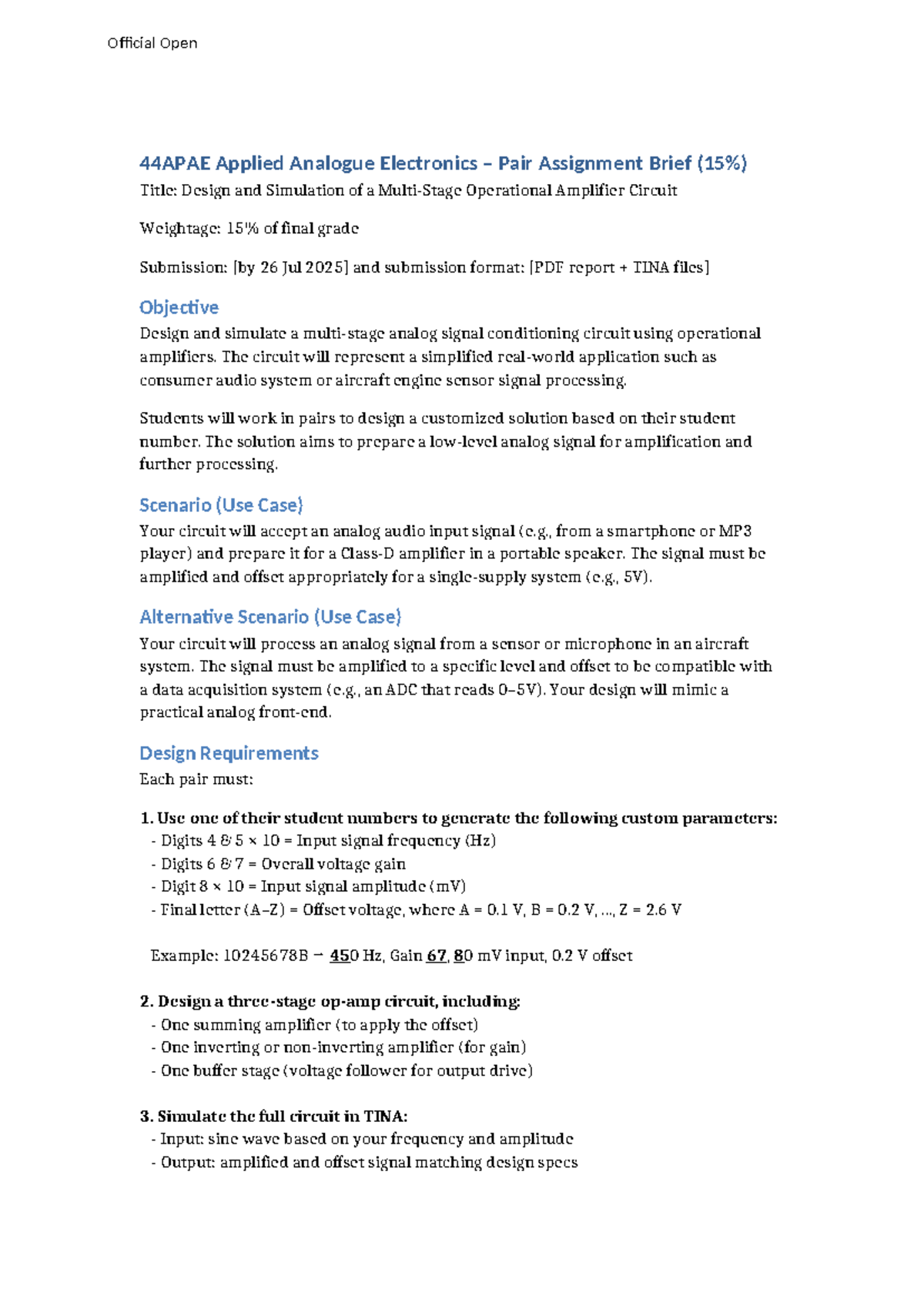 44APAE Applied Analogue Electronics Op Amp Assignment Brief - Studocu