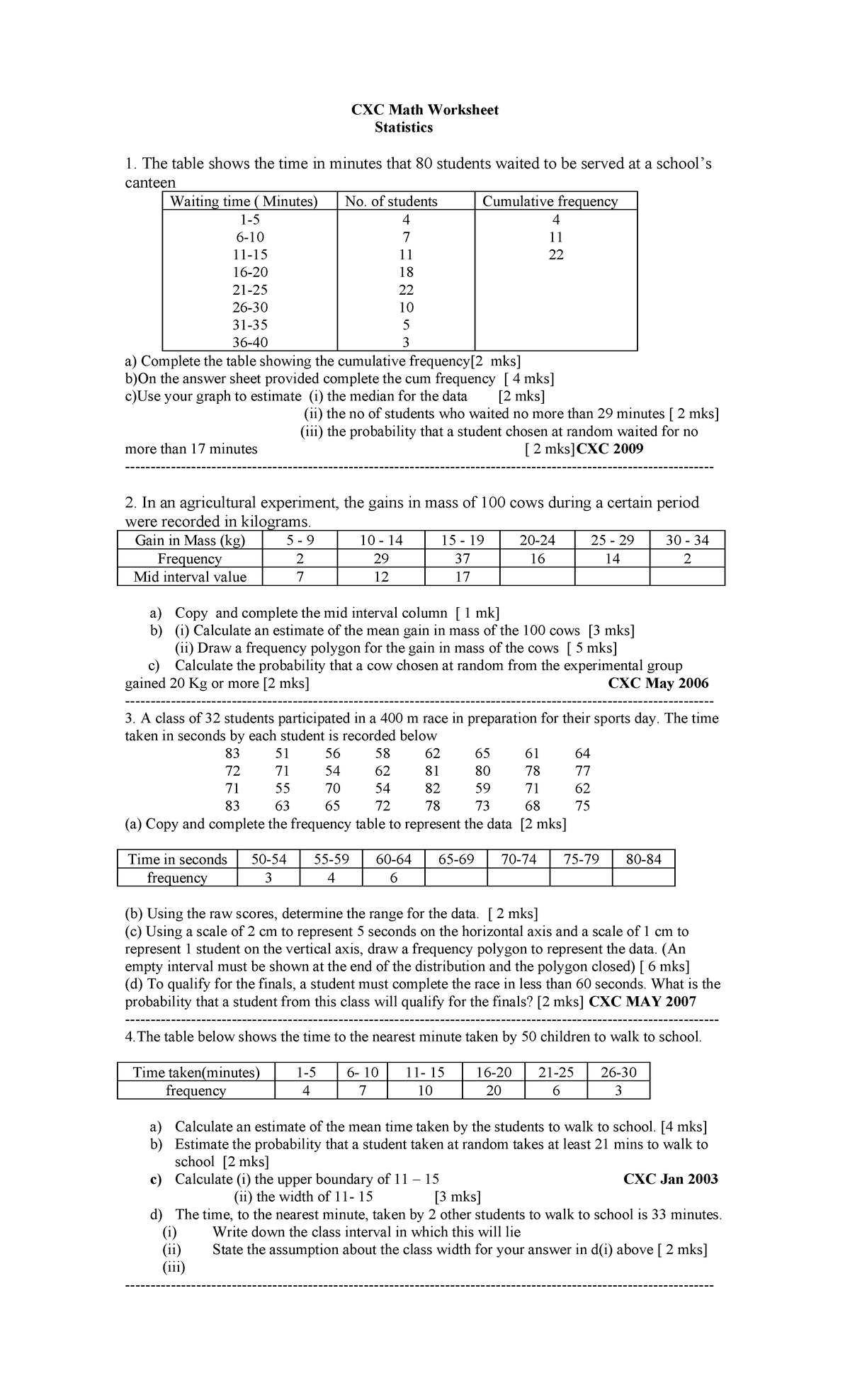 CXC Statistics Worksheet: Data Analysis & Probability Exercises - Studocu