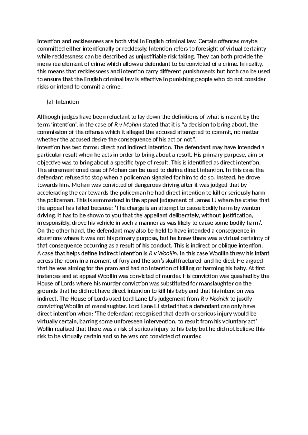 Criminal Law: Intention vs. Recklessness in English Law - Studocu