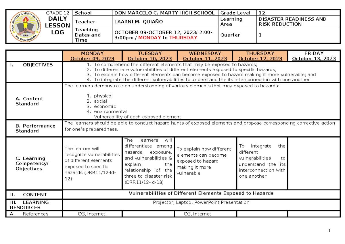 DLL DRRR (07) - G12 Daily Lesson Log for Disaster Readiness Class - Studocu
