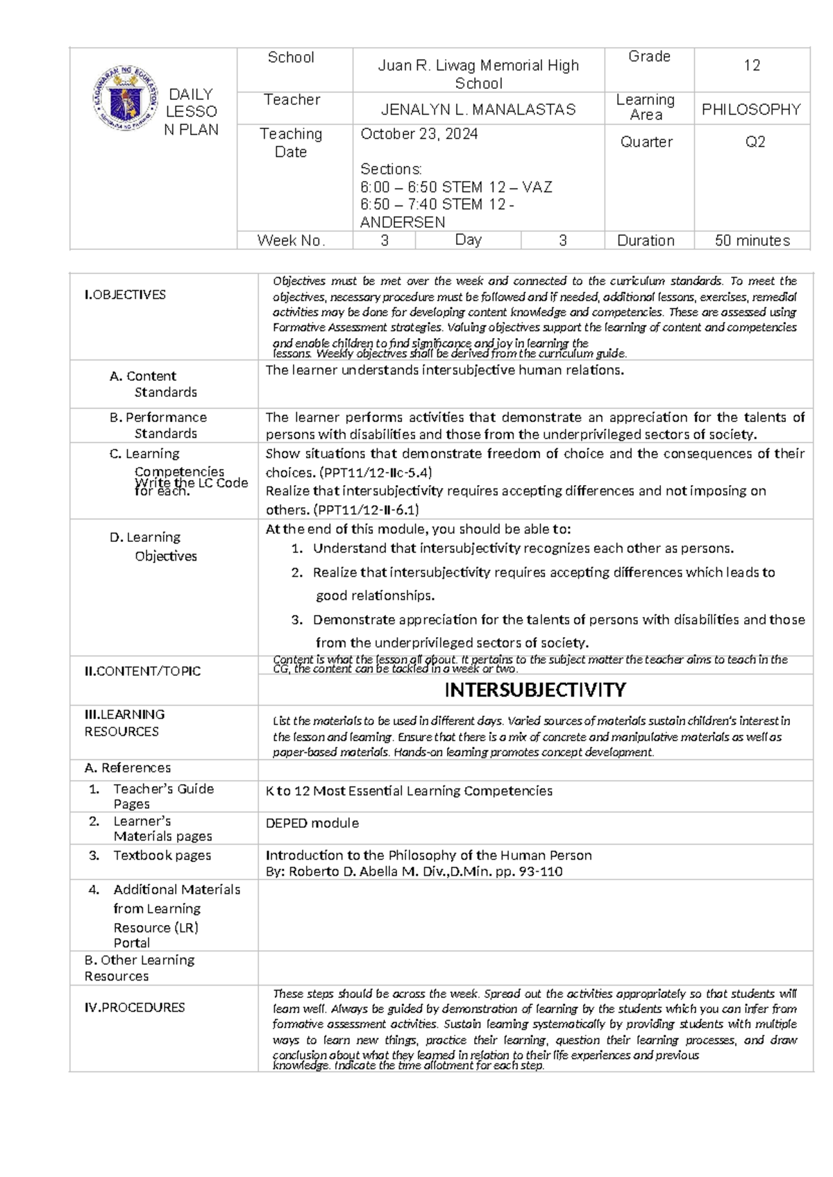 Q2 - WEEK 2 - DAY 3 - Daily Lesson Plan on Intersubjectivity - Studocu