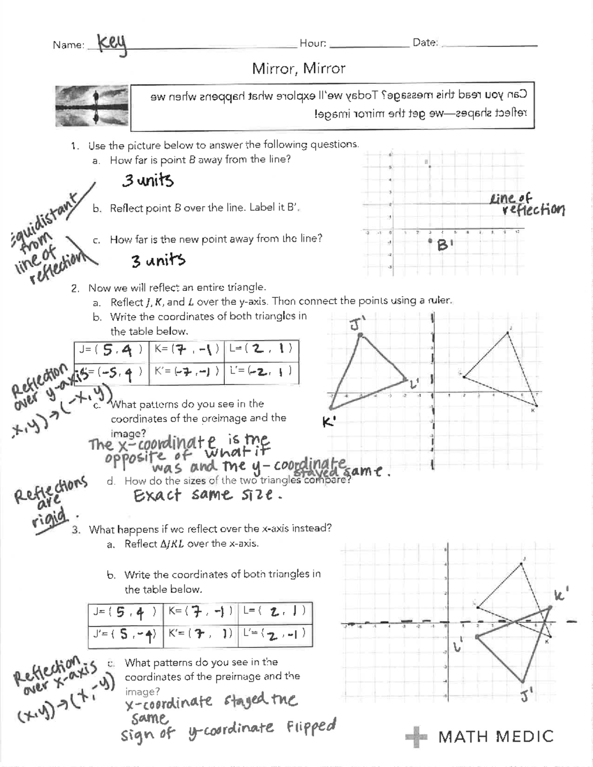 Reflections Notes - math reflection worksheet - Name: key Hour: Date ...