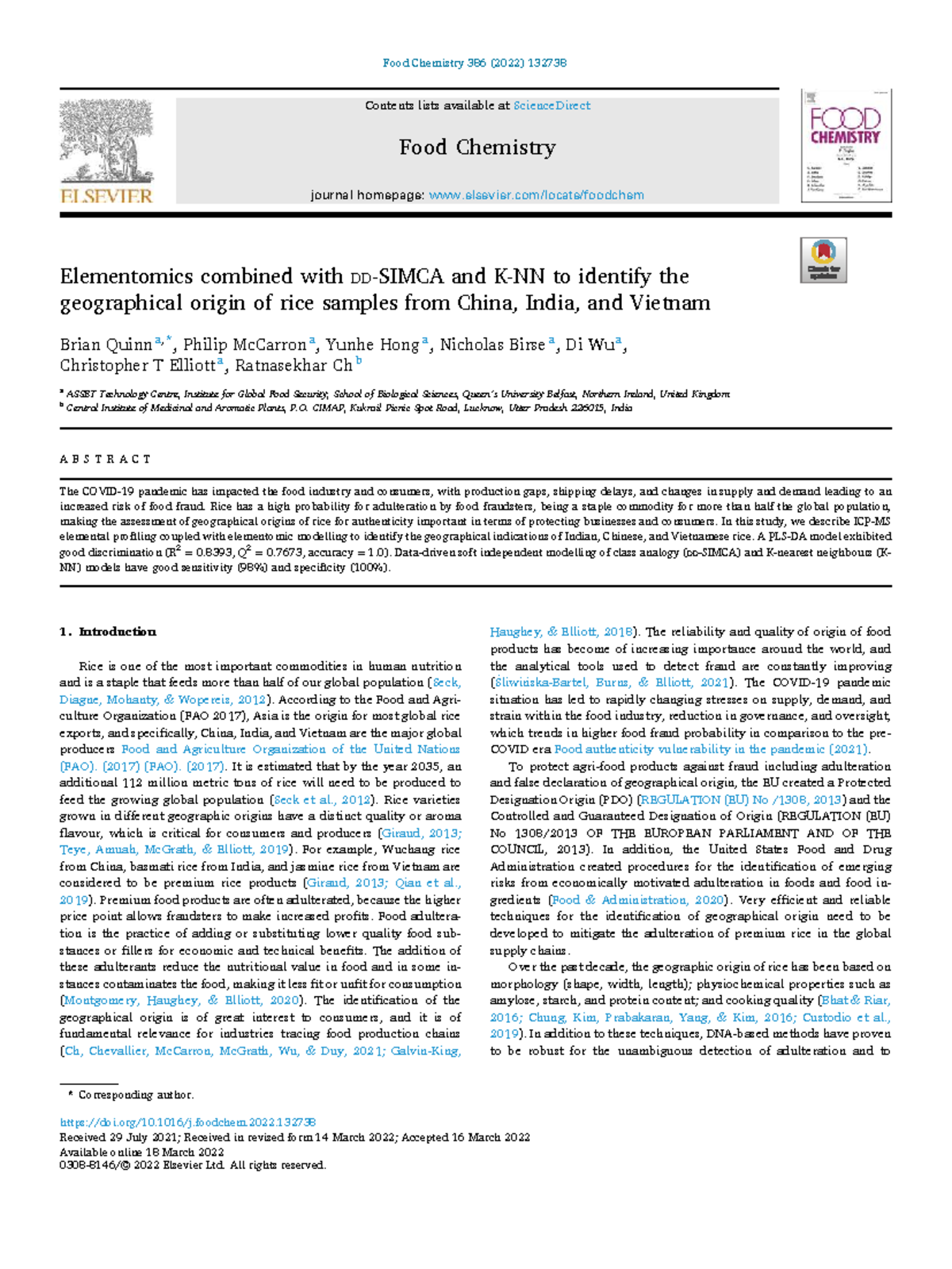 Elementomic Profiling for Geographical Origin of Rice Samples (Food ...