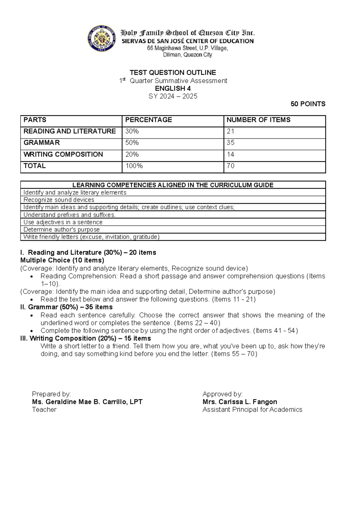 ENGLISH 4 1st Quarter Summative Assessment Test Questions - Studocu
