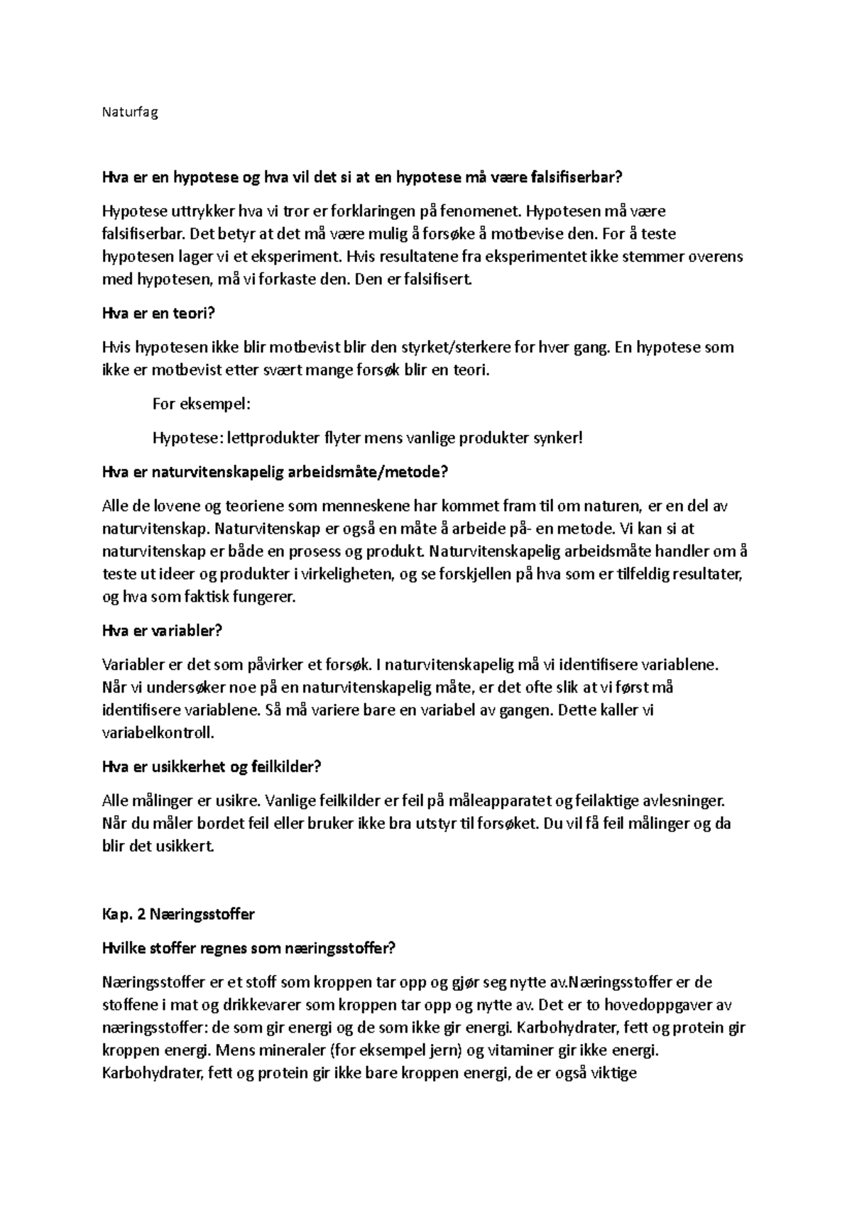 Naturfag Kap. 2: Hypoteser og Næringsstoffer Forklart - Studocu