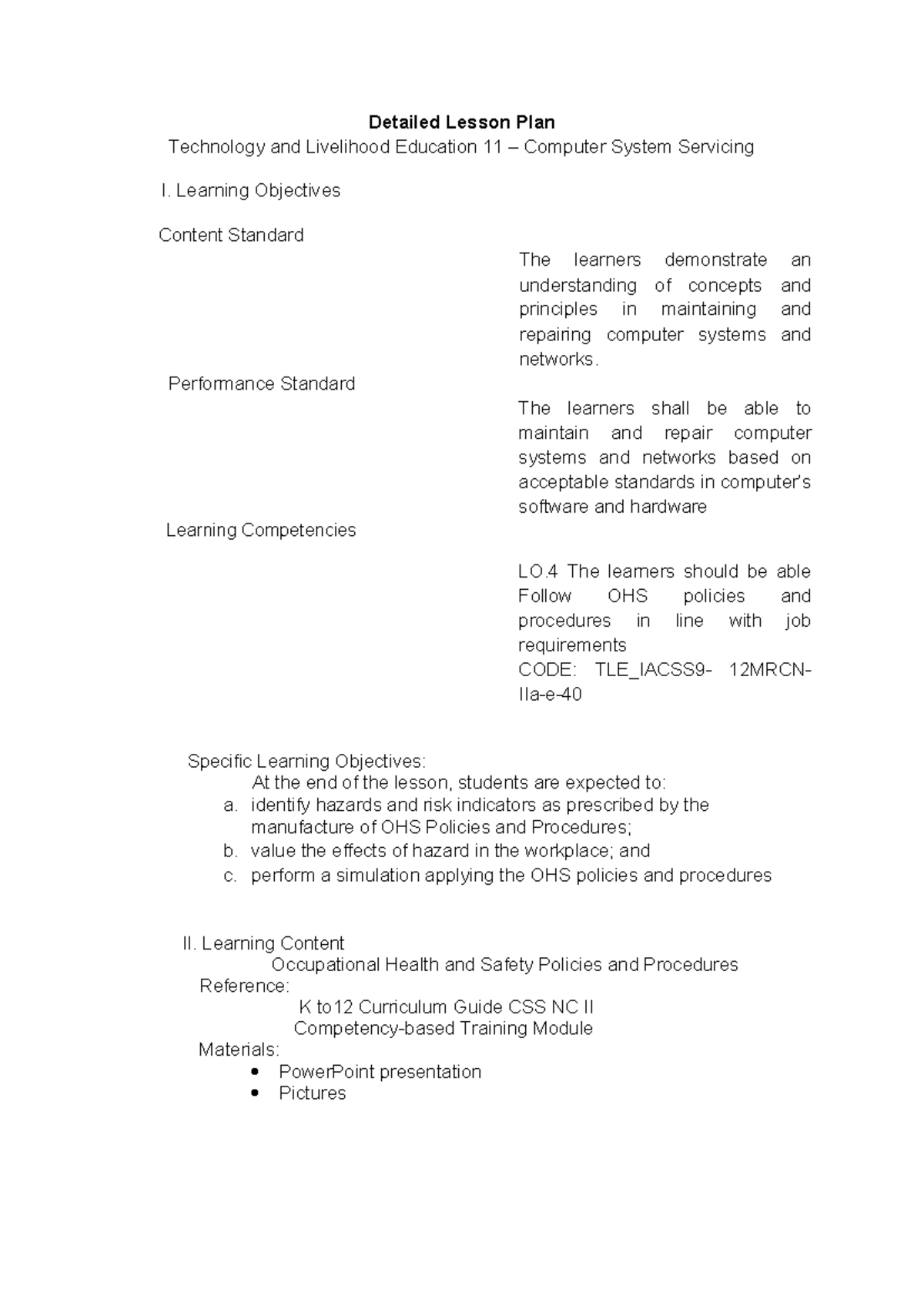 Detailed Lesson Plan: TLE 11 - Computer System Servicing I - Studocu
