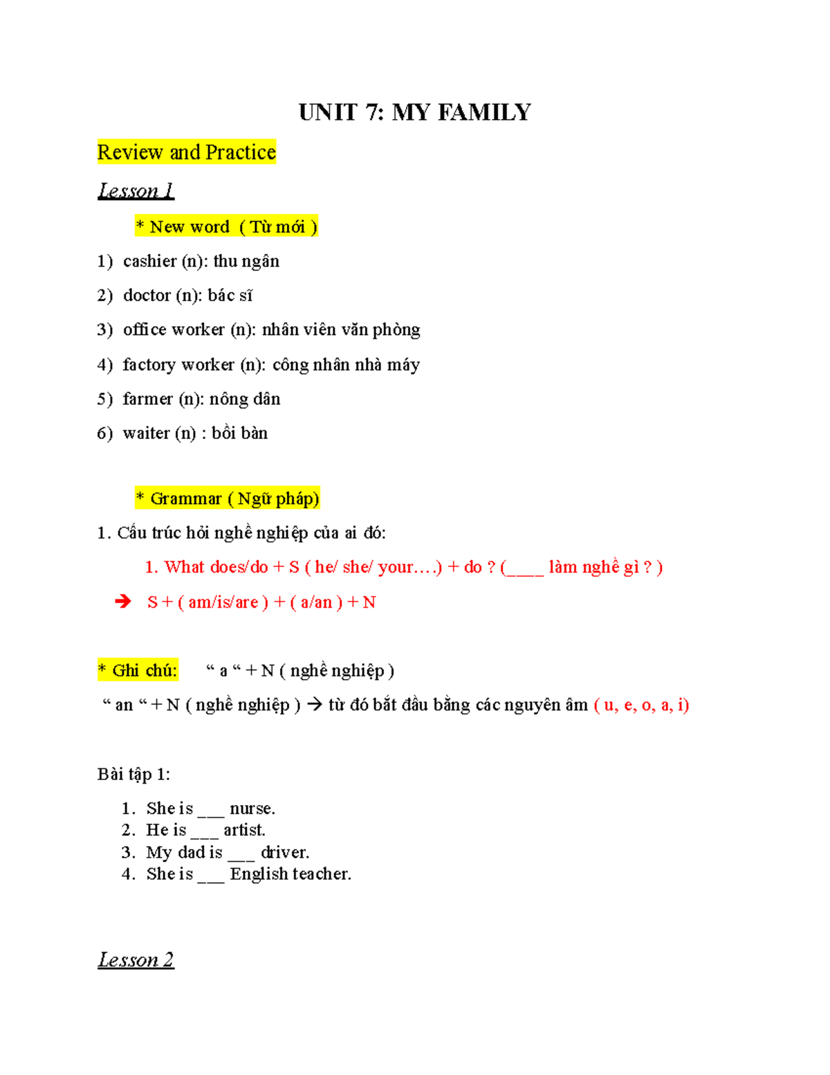 UNIT 7: MY FAMILY Review & Practice - English 4 - Studocu
