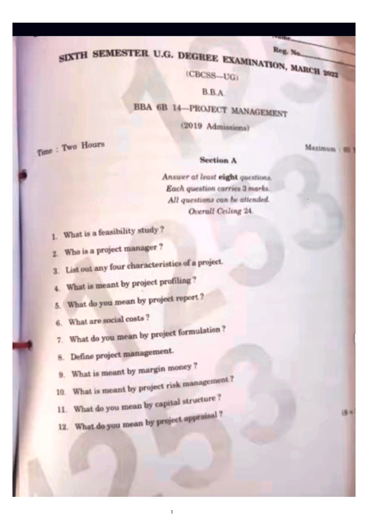 Project management question paper - Bachelor of business administration ...