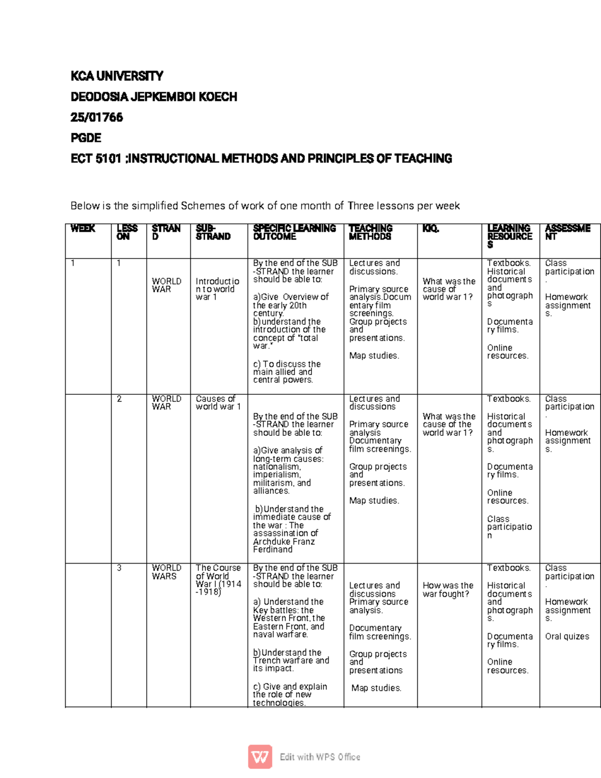 KCA UNIVERSITY PGDE ECT 5101: Monthly Scheme of Work on World Wars - Studocu