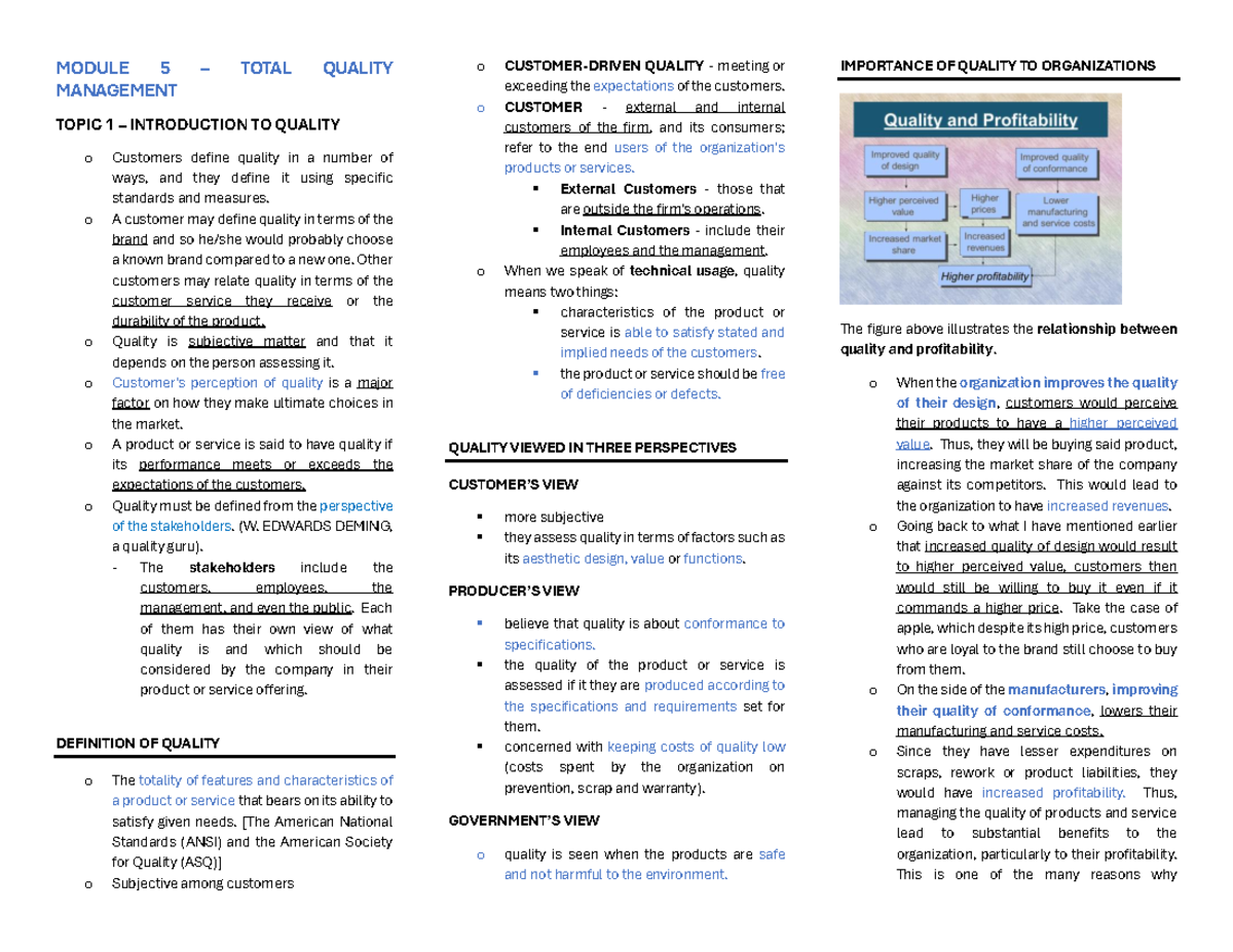 OPERMAN with TQM - MODULE 5 – TOTAL QUALITY MANAGEMENT TOPIC 1 ...