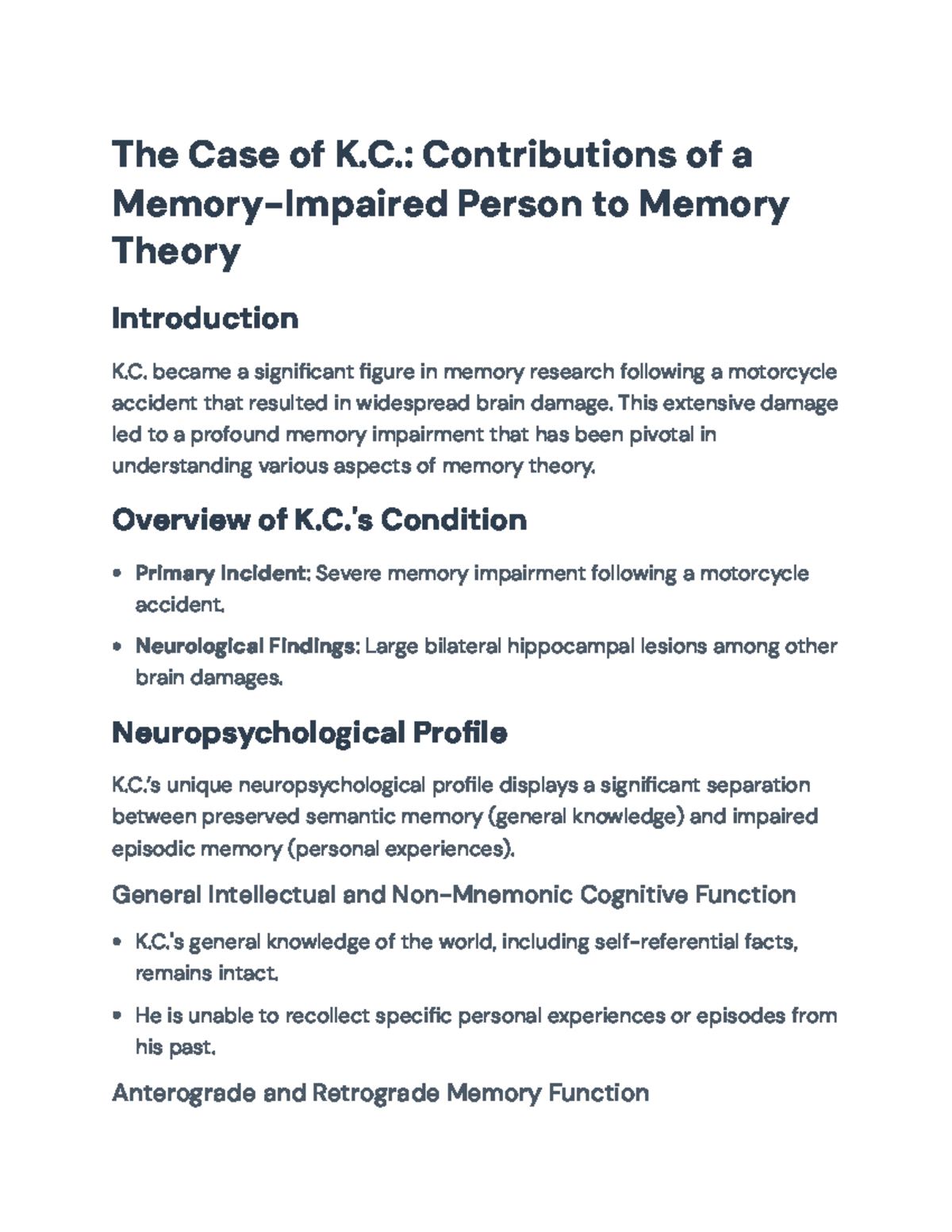 Case Study: K.C.'s Memory Impairment and Its Impact on Memory Theory ...