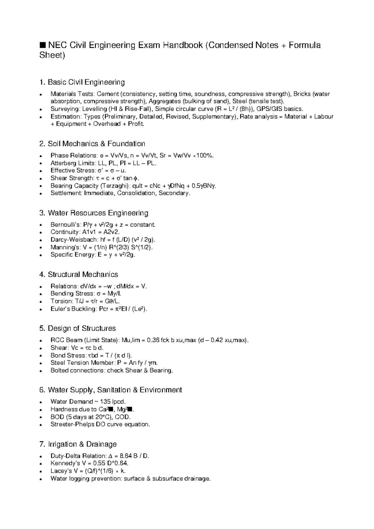 NEC Civil Engineering Exam Handbook: Key Concepts & Formulas - Studocu