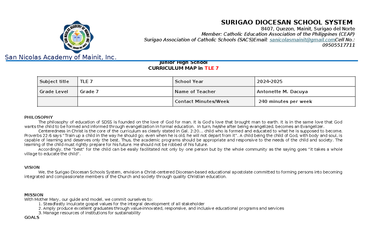 CMW1 - TLE 7 Curriculum Map for Junior High School 2024 - Studocu