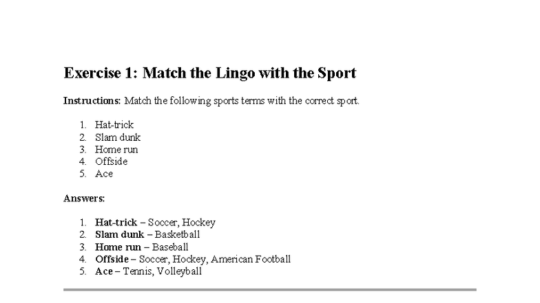Sports Jargon Exercises: Match Terms & Definitions - Studocu